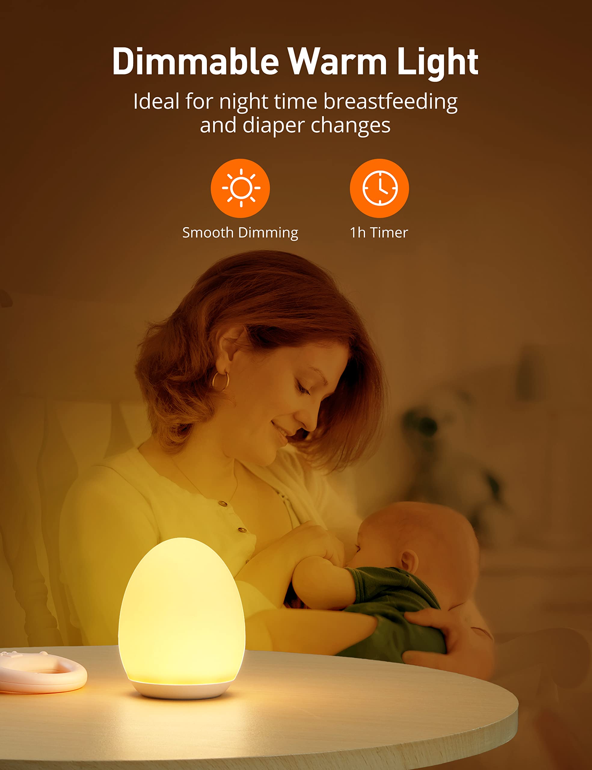sympa Night Lights for Kids, 8 RGB Color Dimmable Night Light, Rechargeable Baby Egg Night Light with 1 Hour Timer & Touch Control, Portable Nursery Light for Breastfeeding, Up to 100H