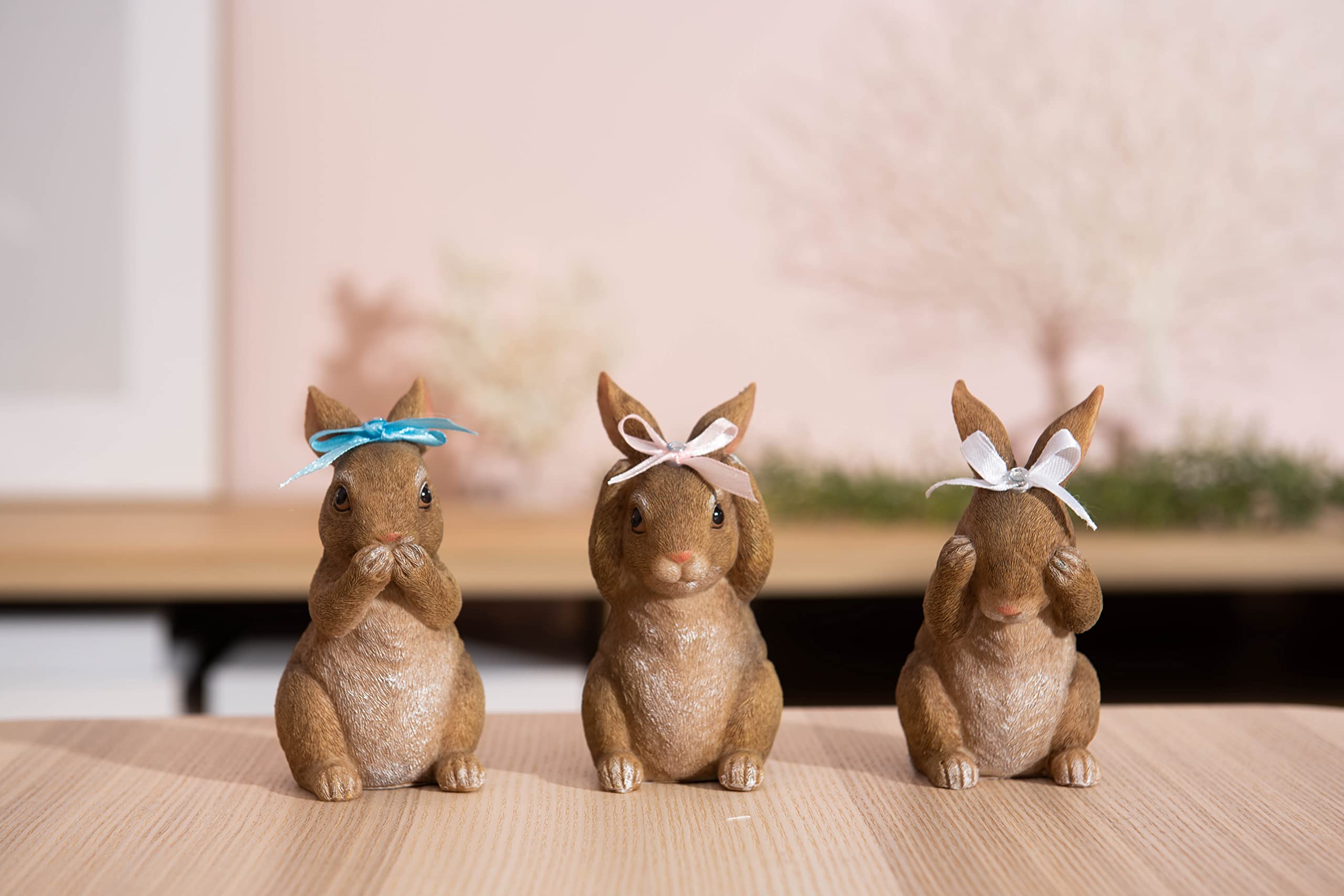 Newman House Studio Bunny Decor Home Rabbit Statue - Easter Decorations Hear See Speak No Evil Bunny Figurines 3pc Brown Ears with Bows Desk Table Shelf Decor Accents for Home 3 x 2.25 x 4.5 Inch
