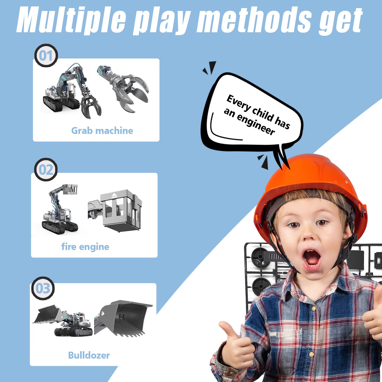 STEM Building Hydraulic Construction Vehicles Toys,Kids Engineering Truck Set with Excavator, Crane, Wood Loader with 3 Interchangeable Parts,Hydraulic Excavator Toys for Boys Age 8-12