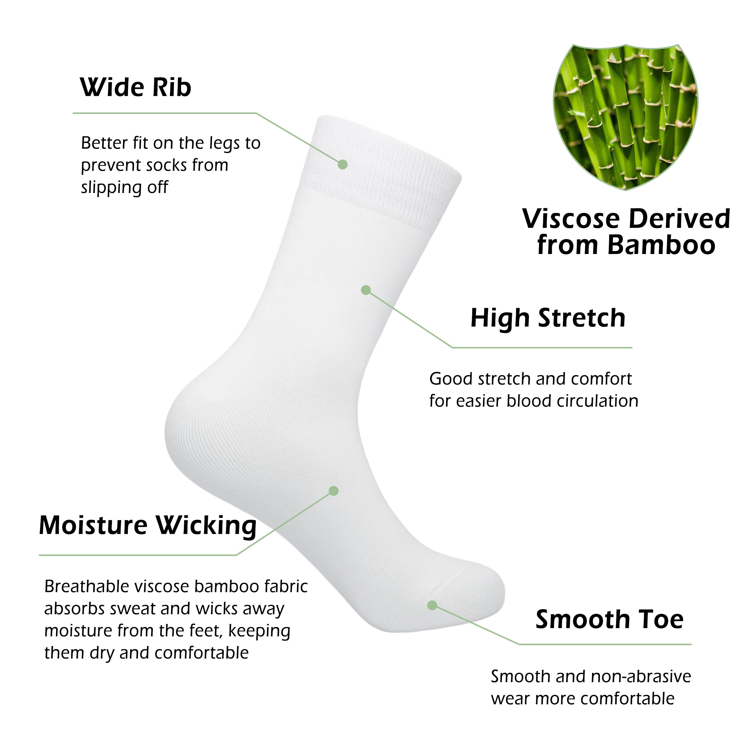 SERISIMPLE Viscose Bamboo Dress Men Sock Thin Soft Crew Anti Odor Lightweight Sock Breathable Comfort Cool soft Sock 5 Pairs (US, Alpha, Large, Regular, Regular, White)