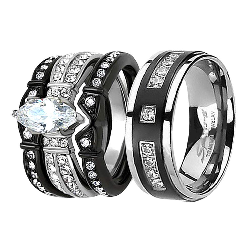 MABELLA His Hers Couple Matching Rings Black Women Stainless Steel Marquise Cut AAA+ Cubic Zirconia Wedding Engagement Ring Bridal Sets & Men CZ Titanium Band,Women's Size 7 Men's Size 10