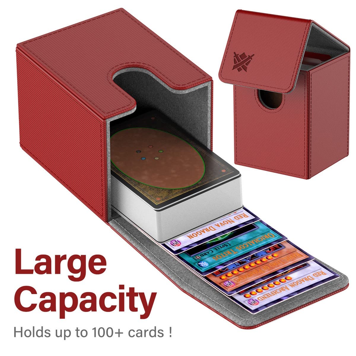 ULTRGEE Deck Box for MTG Cards, Magnet Card Box with 2 Dividers per Holder, Large Trading Card Case Fit for up to 110 Cards-[Shield Design] (Red)