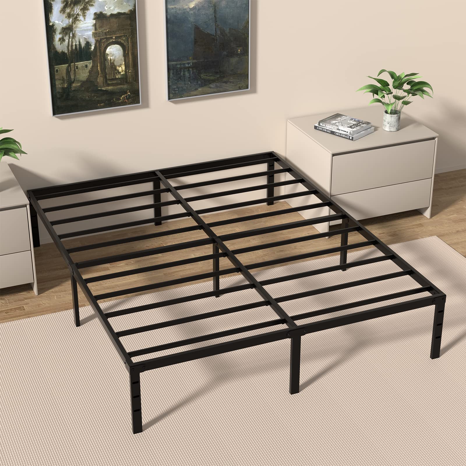 Meberam 18 Inch California King Size Metal Platform Bed Frame Heavy Duty Mattress Foundation Support No Box Spring Need, Black