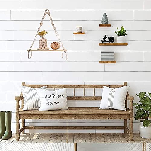 YuPinDiZu Macrame Wall Hanging Shelf | Boho Shelves with Wood Shelf | 2 Pcs Handmade Macrame Shelf for Hanging Plants and Decor | Boho Wall Decor with Beautiful Macrame Rope and Shelf (Beige)