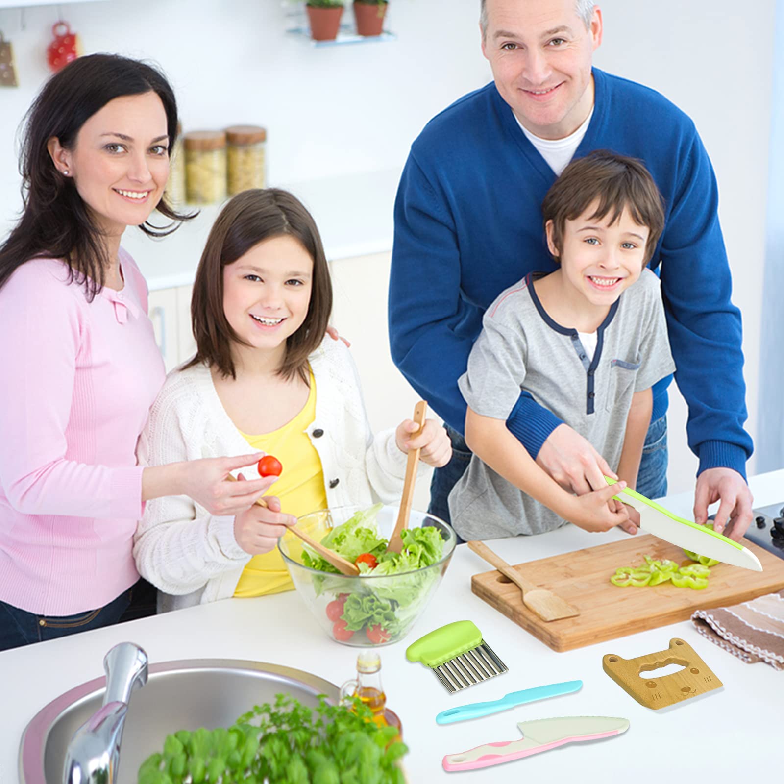 TinyHalo 11 Pcs Wooden Kids Kitchen Knife, Kids Knife Set with Cutting Board Fruit Vegetable Crinkle Cutters Serrated Edges Plastic Toddler Knifes for Real Cooking Kid Safe Knivesā¦