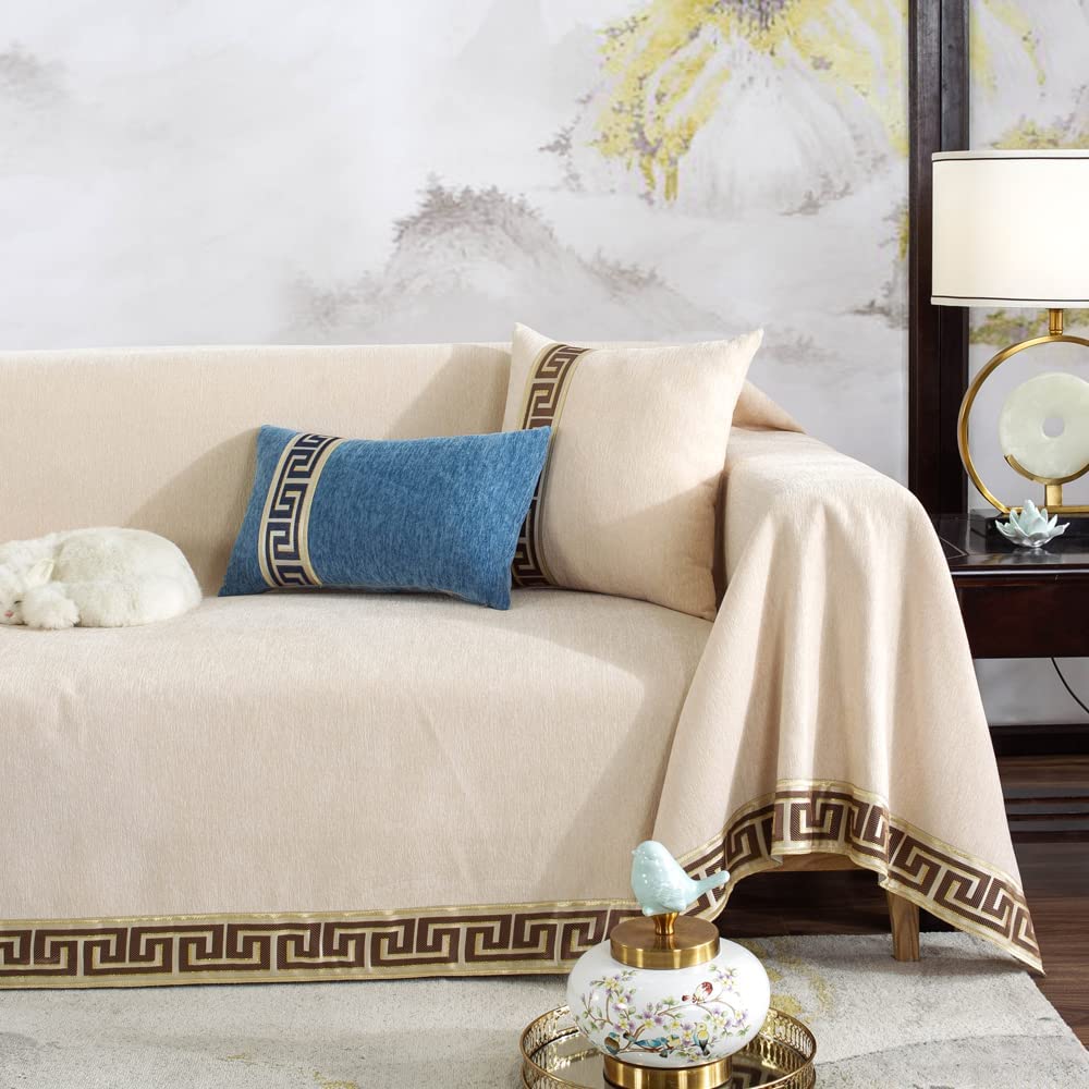 ROOMLIFE Solid Color Beige Chenille Couch Cover Soft Cozy Sofa Covers Sofa Slipcovers for Dogs Cat Pets Multifounction Furniture Protector Blanket Sofa Slipcovers,71"X118"