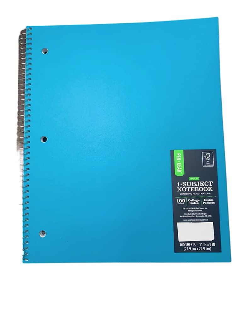 Pen & Gear 1-Subject Spiral Notebook, 100 Sheets, 11" x 9", College Ruled, w/2 Inside Pockets, Poly Cover, 3-Hole Punched (Bright Blue)