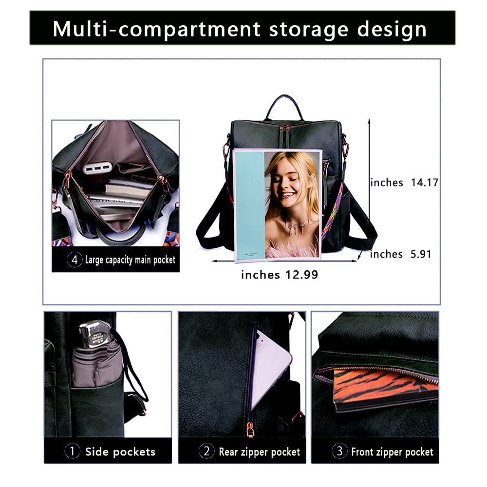ROOSALANCE Leather Women Backpack Purse Fashion Large Multipurpose Convertible Backpack Shoulder Bag Handbags Ladies, Womens Travel Backpack Purse Black