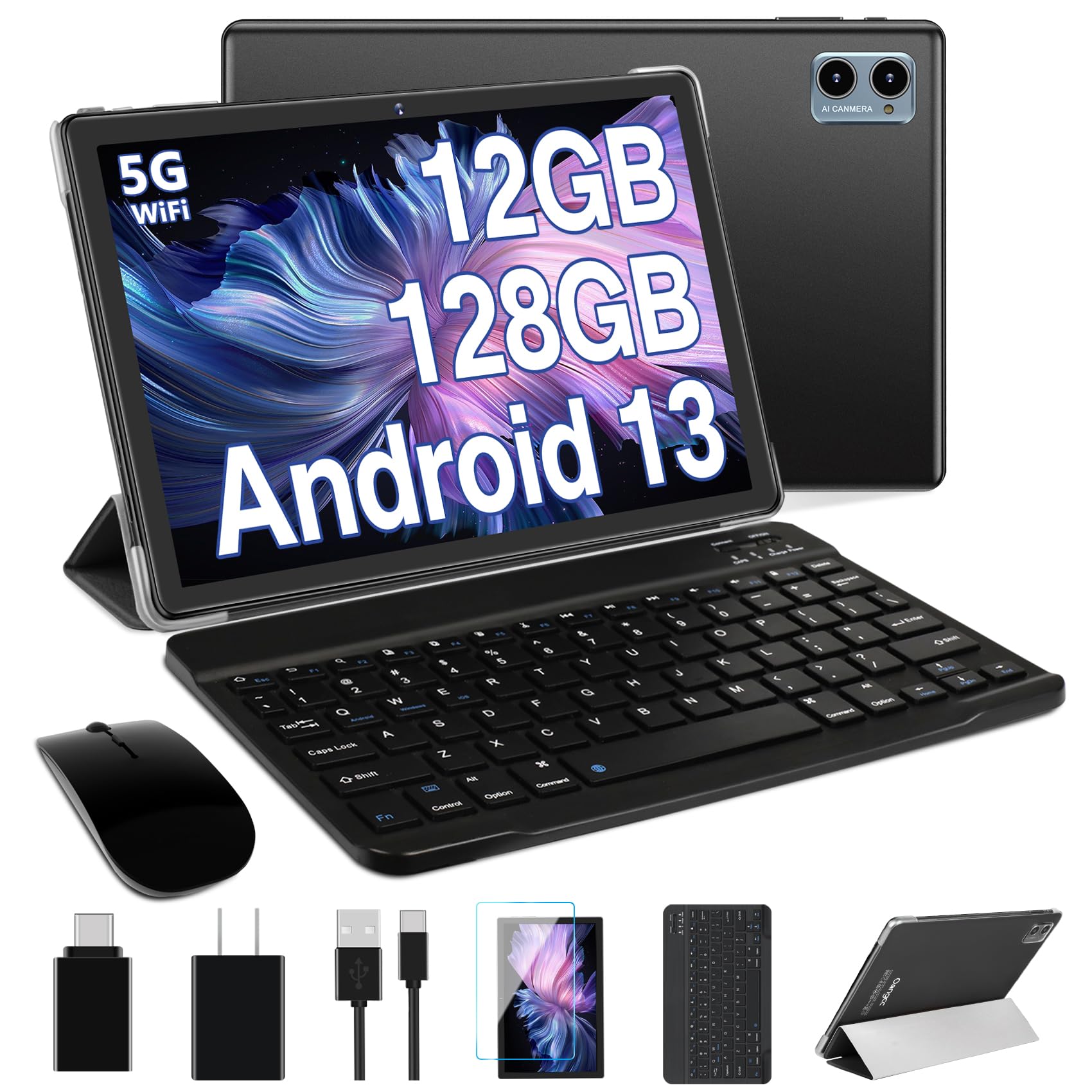 Oangcc Tablet Android 13 Tablets 10 Inch with 12GB RAM (6+6 Expand) 128GB ROM TF 1TB, Octa-Core 5G WiFi, Keyboard Mouse Bluetooth GMS Certified and Case (Blue)