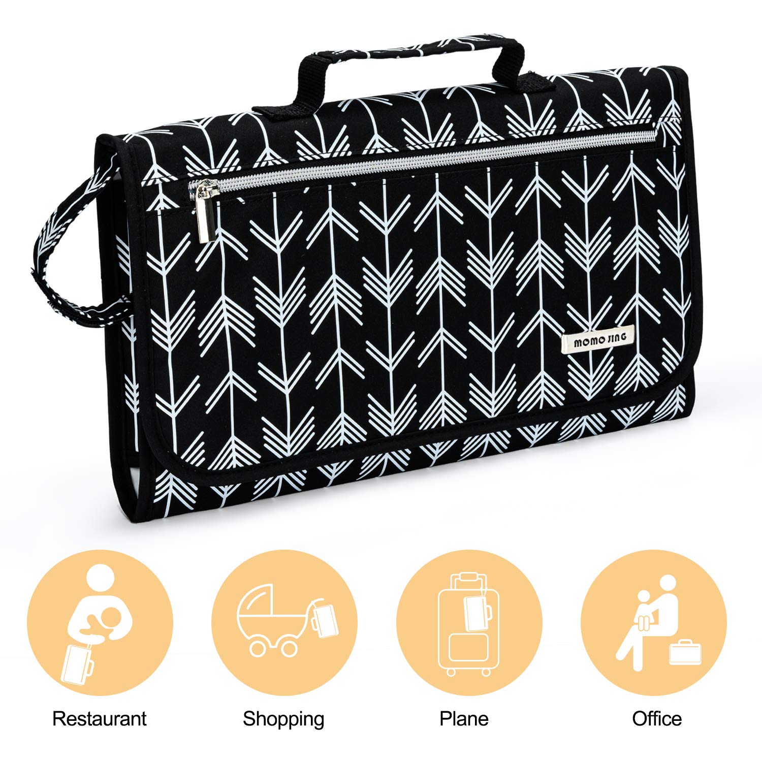 Momojing Portable Diaper Changing Pad, Waterproof Portable Changing Mat Travel Changing Station Build-in Memory Head Cushion Pillow-Black
