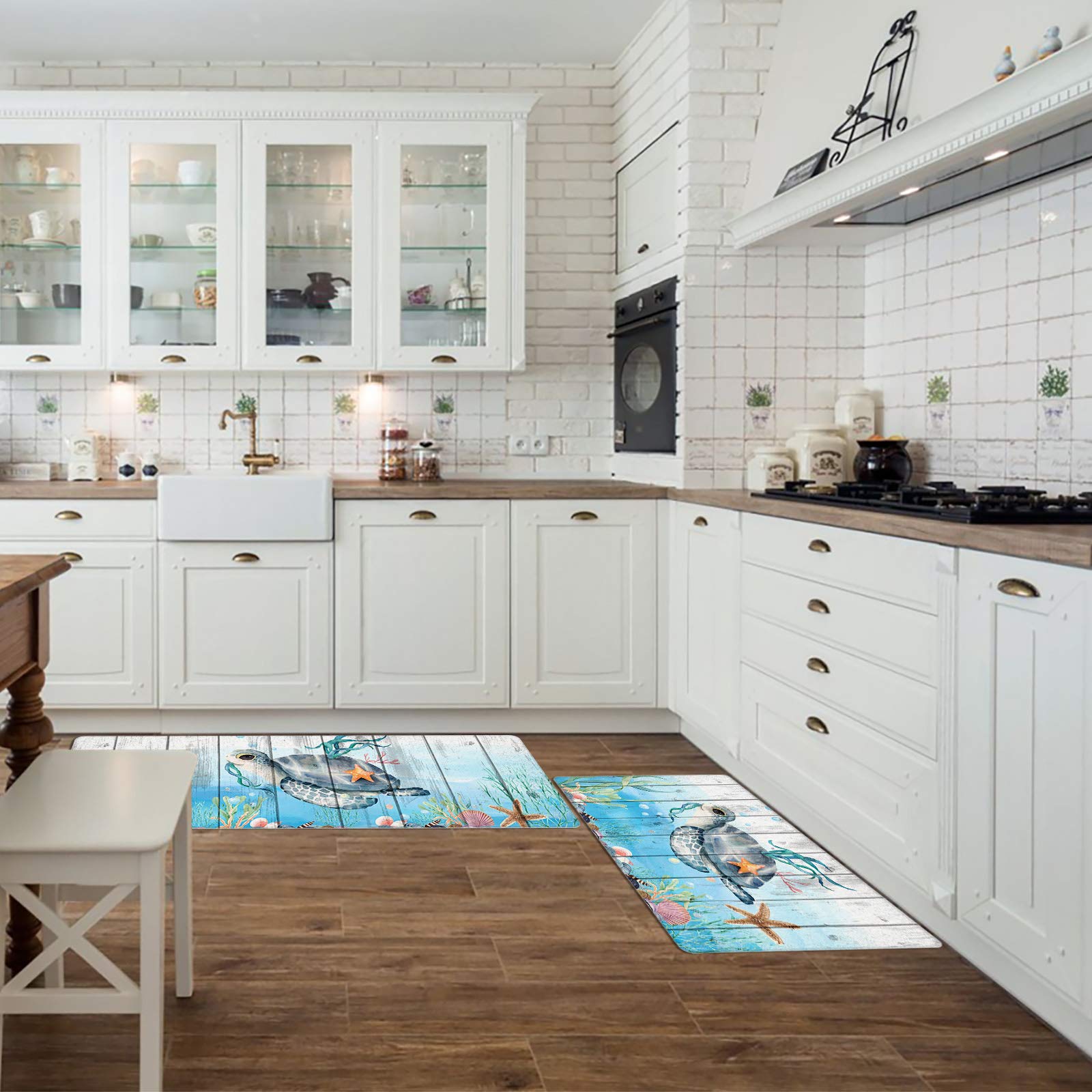 Possta Decor 2 Piece Kitchen Mats Nautical Turtles Starfish Seaweed Shells,Non Slip Doormats Area Runner Rug Set,Blue Ocean Farm Retro Plank Super Soft Comfort Standing Mat for Bedroom Living Room