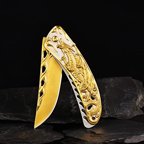 Vividstill Pocket Knife for Men, Cool Folding Knife With 3D Golden Dragon Embossed Relief, Great Gift Edc Knife For Men Outdoor Survival Campingā¦