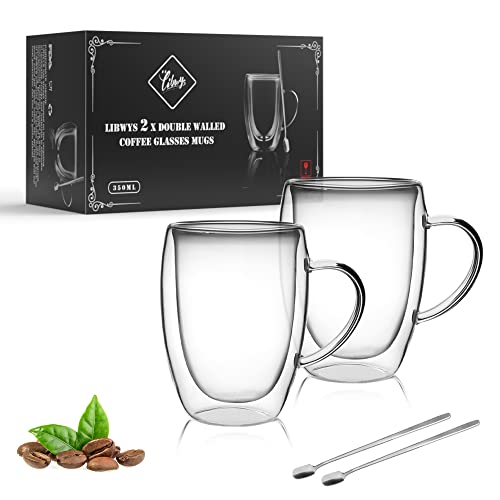 LIBWYS 2 Pack Double Walled Coffee Cups Glasses Mugs, 12oz Espresso Cappuccino Latte Tea Cups with Handle, Heat Resistant Borosilicate Clear Glasses 350ml