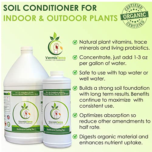 VermisTerra Earthworm Casting Tea - Organic Worm Tea - Gallon - Soil Conditioner Concentrate - Living Enzymes, Nourish Plants and Boost Growth - Feeds All Crops: Vegetables, Flowers, Fruit and Trees
