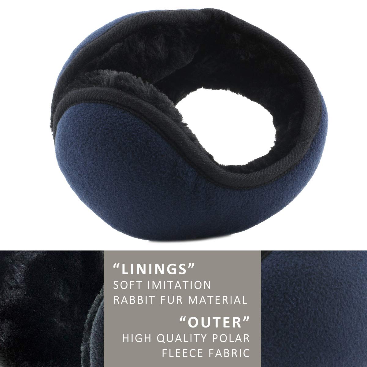 Metog Unisex Foldable Ear Warmers Polar Fleece Winter Earmuffs Black+Navy