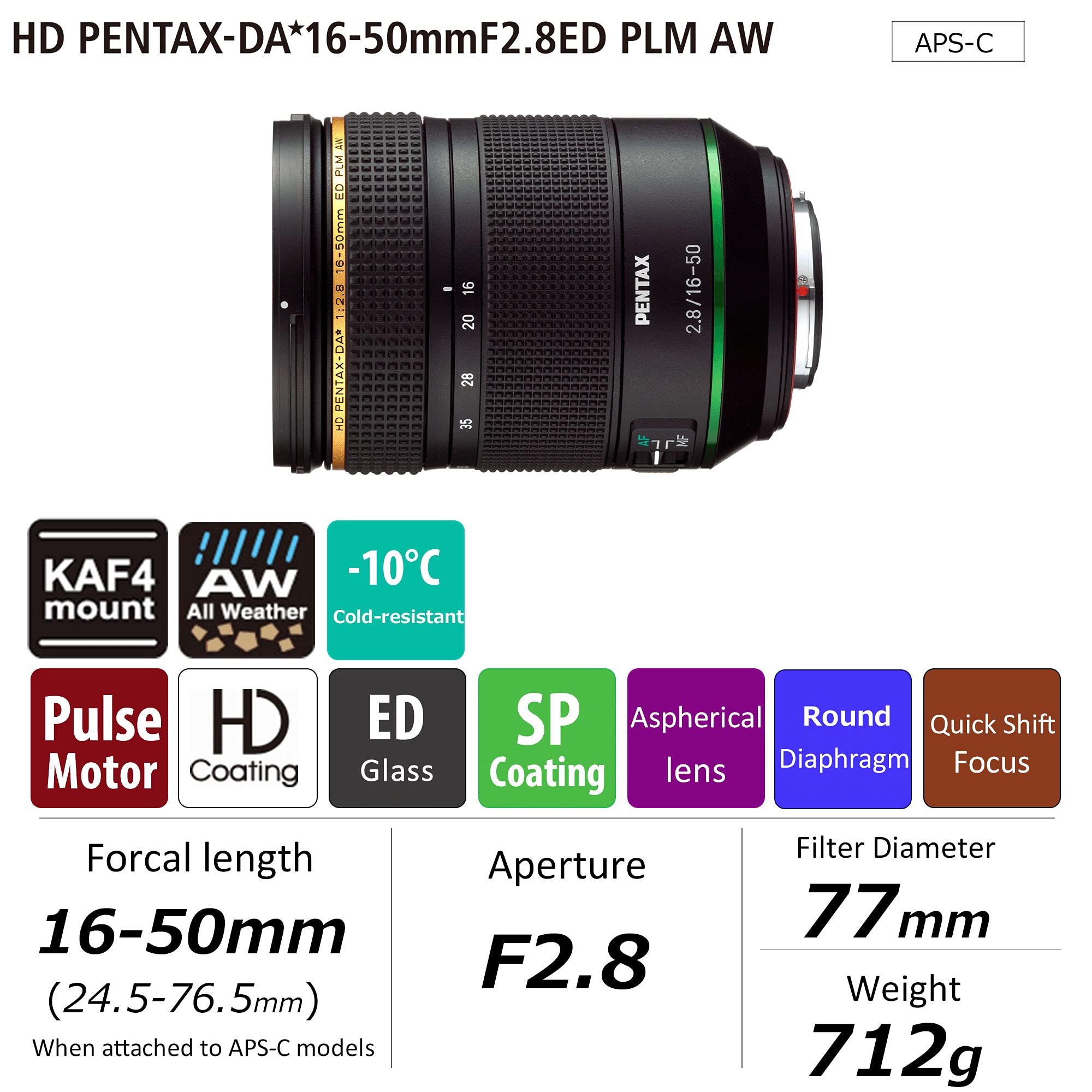 Pentax HD 16-50mm F2.8ED PLM AW Large-Aperture Standard Zoom Lens [High-Speed AF] [High-Performance HD Coating] [Dust-Proof/Weather-Resistant Construction] [Circular Diaphragm] (28030)
