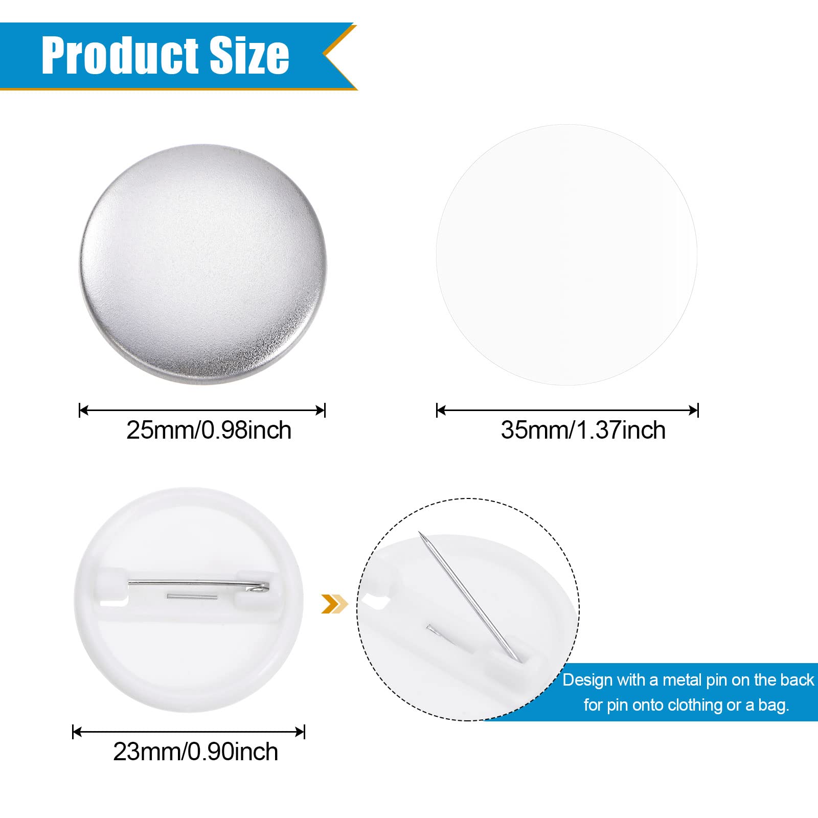 MECCANIXITY Blank Pin Back Button Parts, 25mm 0.98 Inch, 500 Set Sewing Buttons Round Metal Cover Plastic Button Back Clear Film for Button Maker Machine