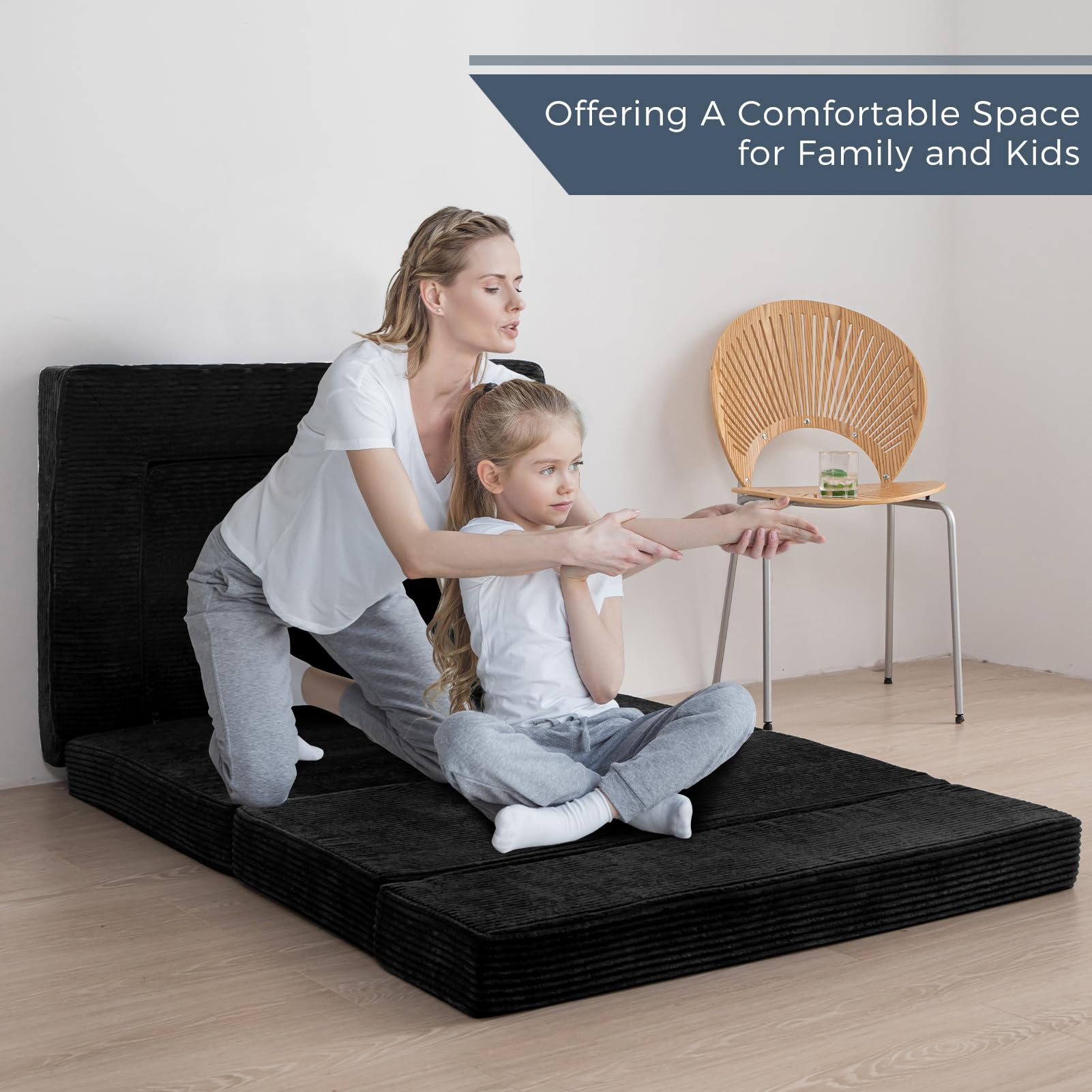 MAXYOYO Folding Sofa Bed, Portable Chair Bed Floor Mattress, Foldable Sleeper Sofa Floor Couch Futon Mattress for Guest Room, Camping, Road Trip, Black, Twin, 83x38 Inch
