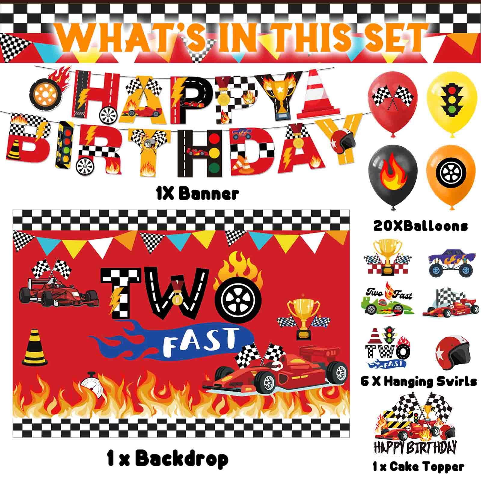 MQZQP Two Fast Birthday Decorations with Backdrop Banner Cake Topper Hanging Swirl Decorations & Balloons