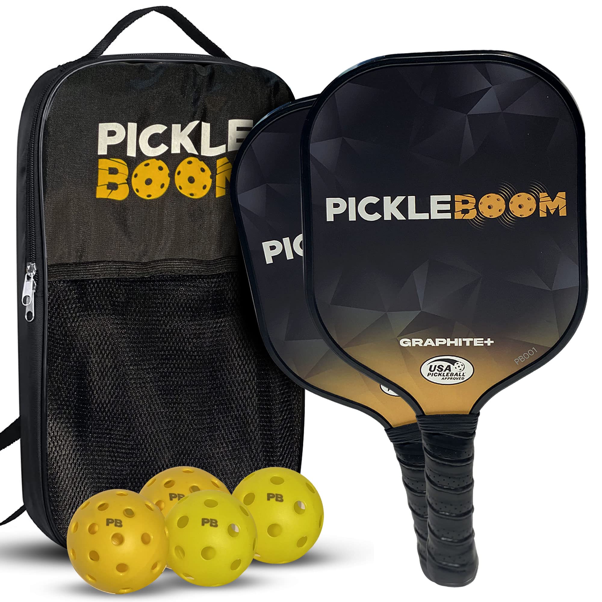 PickleBoom Pickleball Paddles Set of 2 | USAP Approved Paddles | Polypropylene Honeycomb Core | Carbon Fiber Surface | Comfortable Grip Handle | 2 Outdoor & 2 Indoor Balls | Carry Bag | A Great Gift