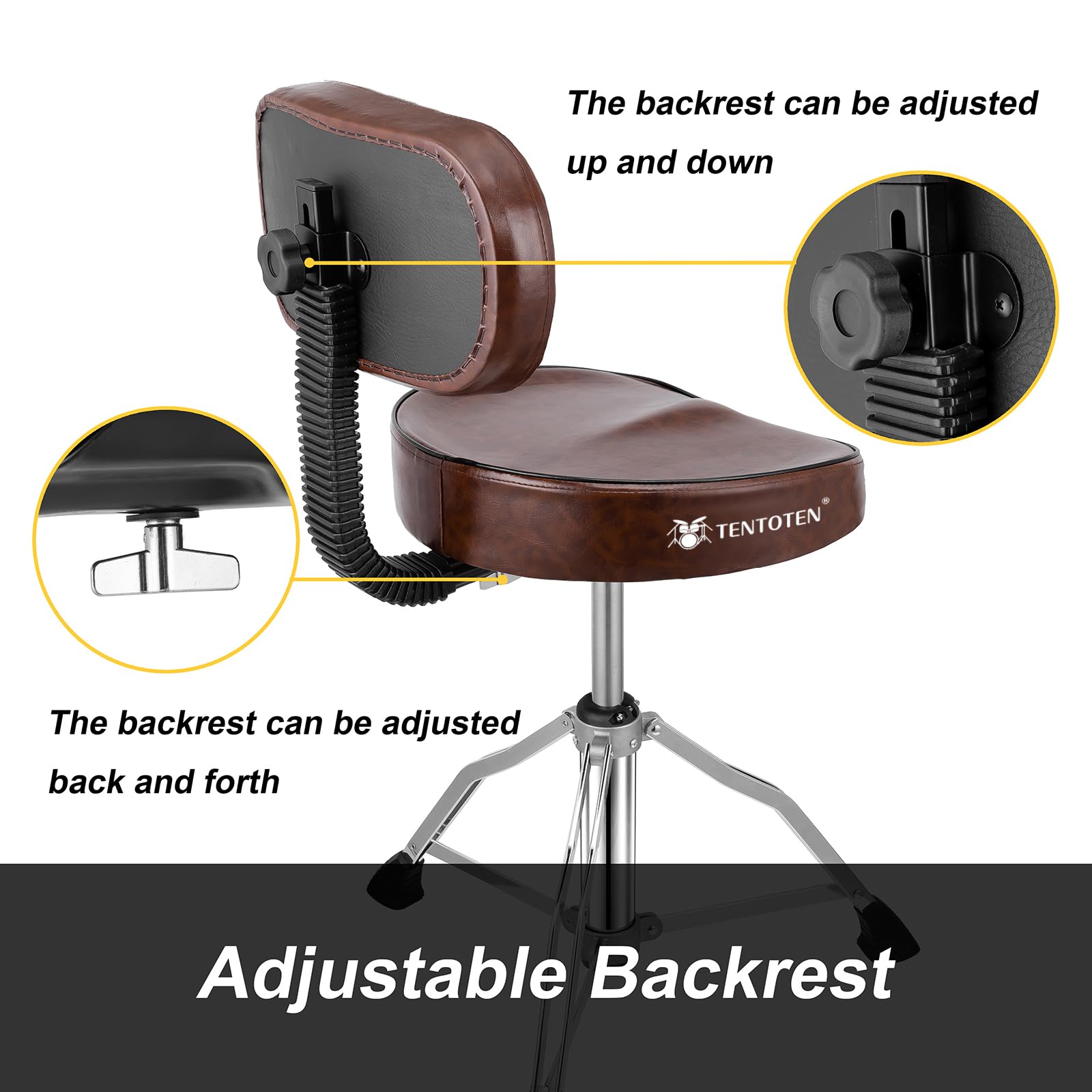 TENTOTEN Drum Throne with Backrest, Padded Drum Chair with Back Hydraulic Drum Throne Height Adjustable Drum Stool with Stable Bass Comfortable Seat for Drummers,Guitar Players