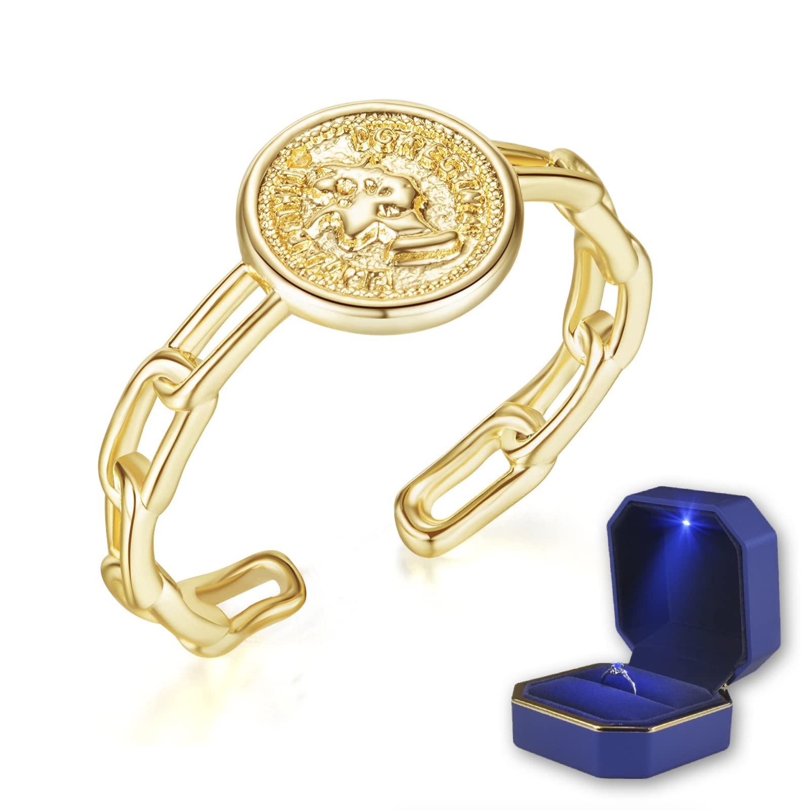 Sifity 2023 Fashion Open Link Chain Ring for Women 18K Gold Plated Trendy Rings Stackable | Anillos Para Mujer (Blue Gift Box with LED Light)