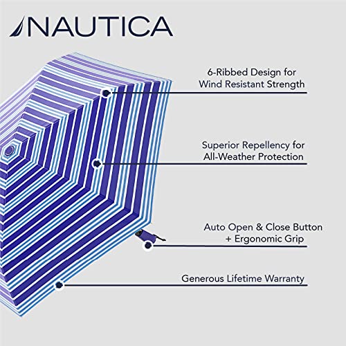 Nautica Umbrella for Travel - Auto Open & Close Compact, Lightweight & Folding - Best Windproof Umbrellas for Rain, Sun & Wind Protection, Small, Automatic & Collapsible in Blue 2-Pack