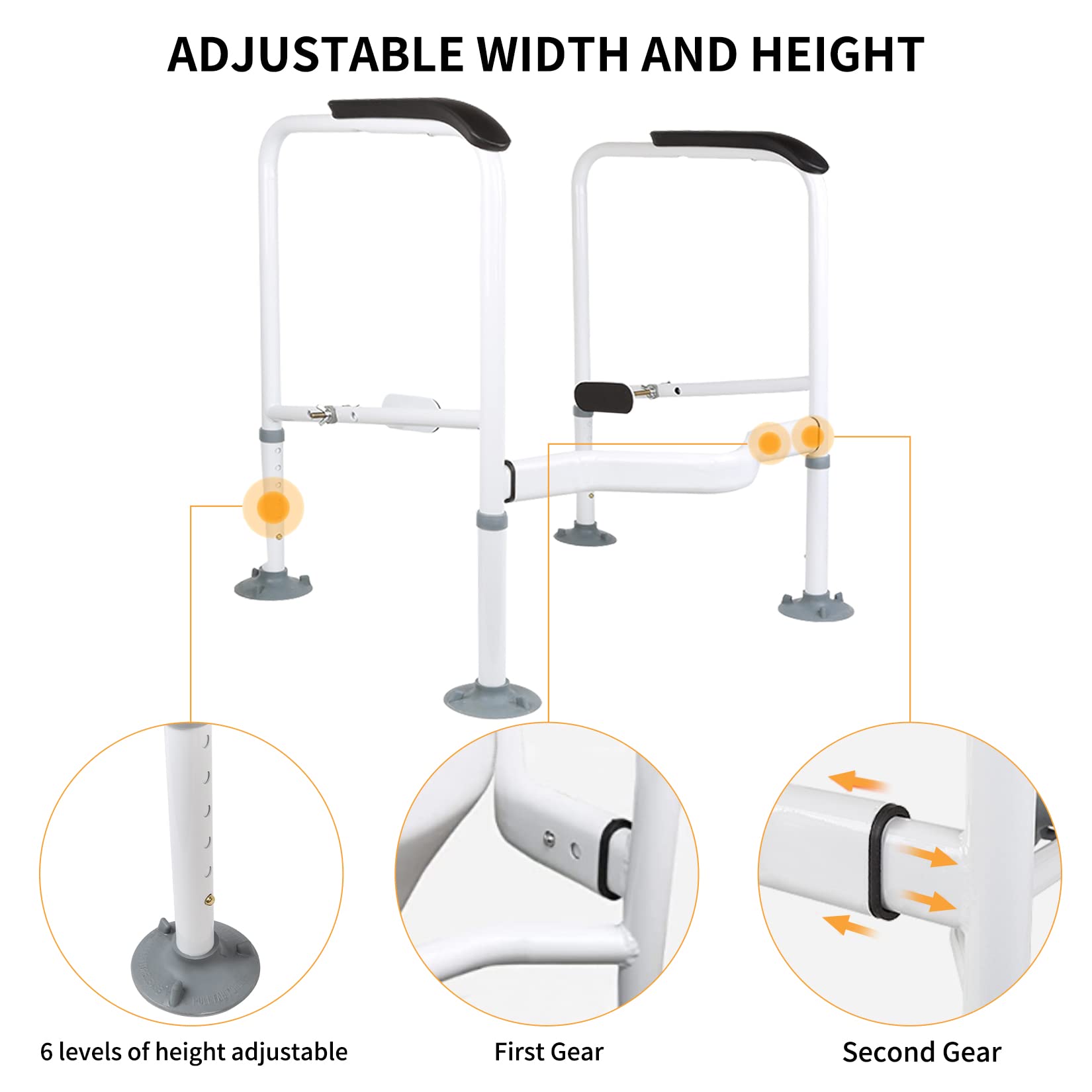 Toilet Safety Rails Frame for Elderly with Handles Stand Alone Bathroom Assistance Grab Bars Arms for Seniors, Handicap, Disabled, Width & Height Adjustable, Fit Any Toilet