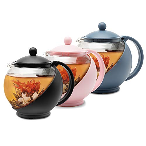 Primula Half Moon Teapot with Removable Infuser, Glass Tea Maker with Reusable Fine Mesh Stainless Steel Filter, Dishwasher Safe, 40-Ounce, Blue