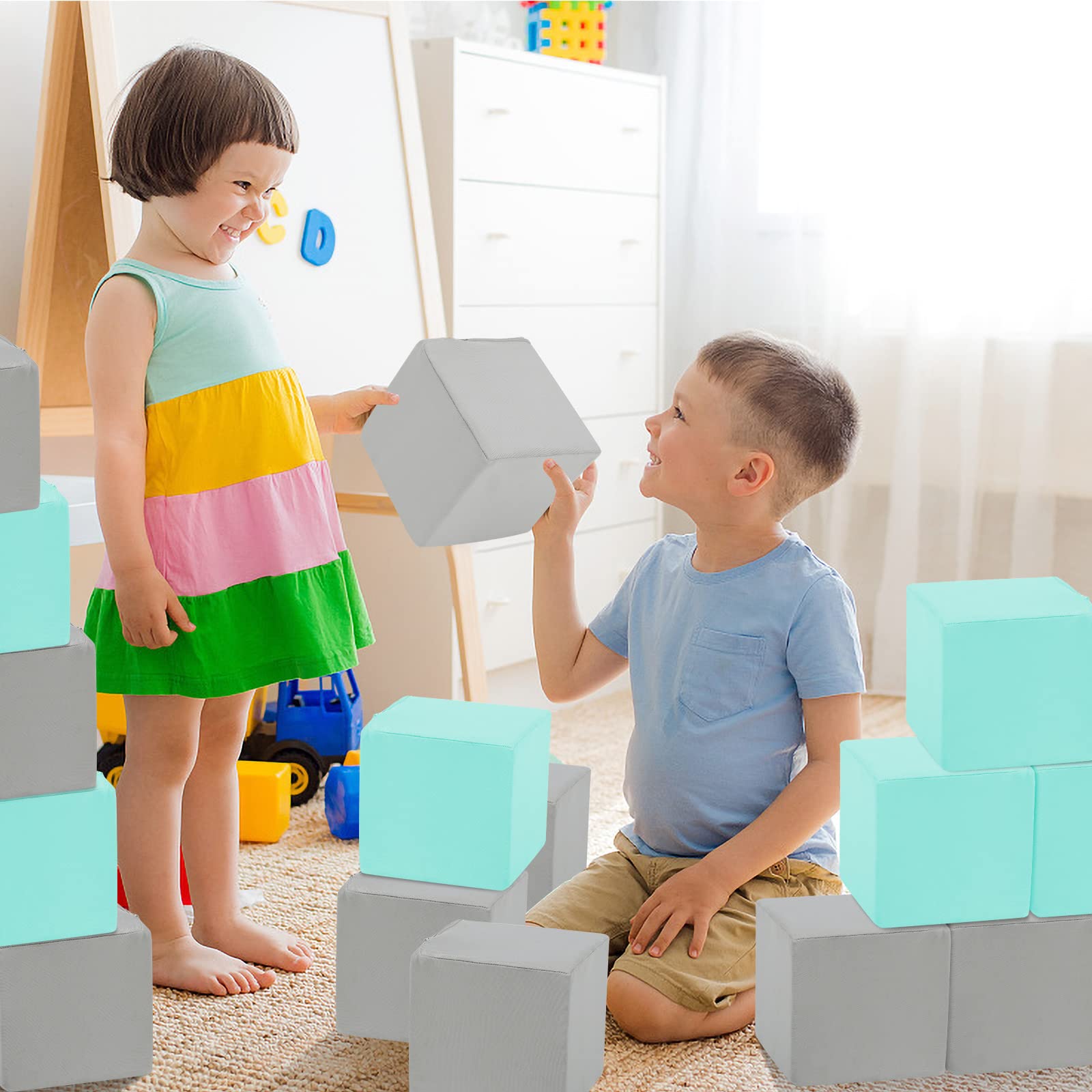 TRENDBOX 6 Pcs Toddler Foam Blocks, 5.5inch Soft Foam Cubes Blocks with Detachable Washable Cover, Soft Play Blocks for Toddlers and Kid (Light Gray/Blue)…