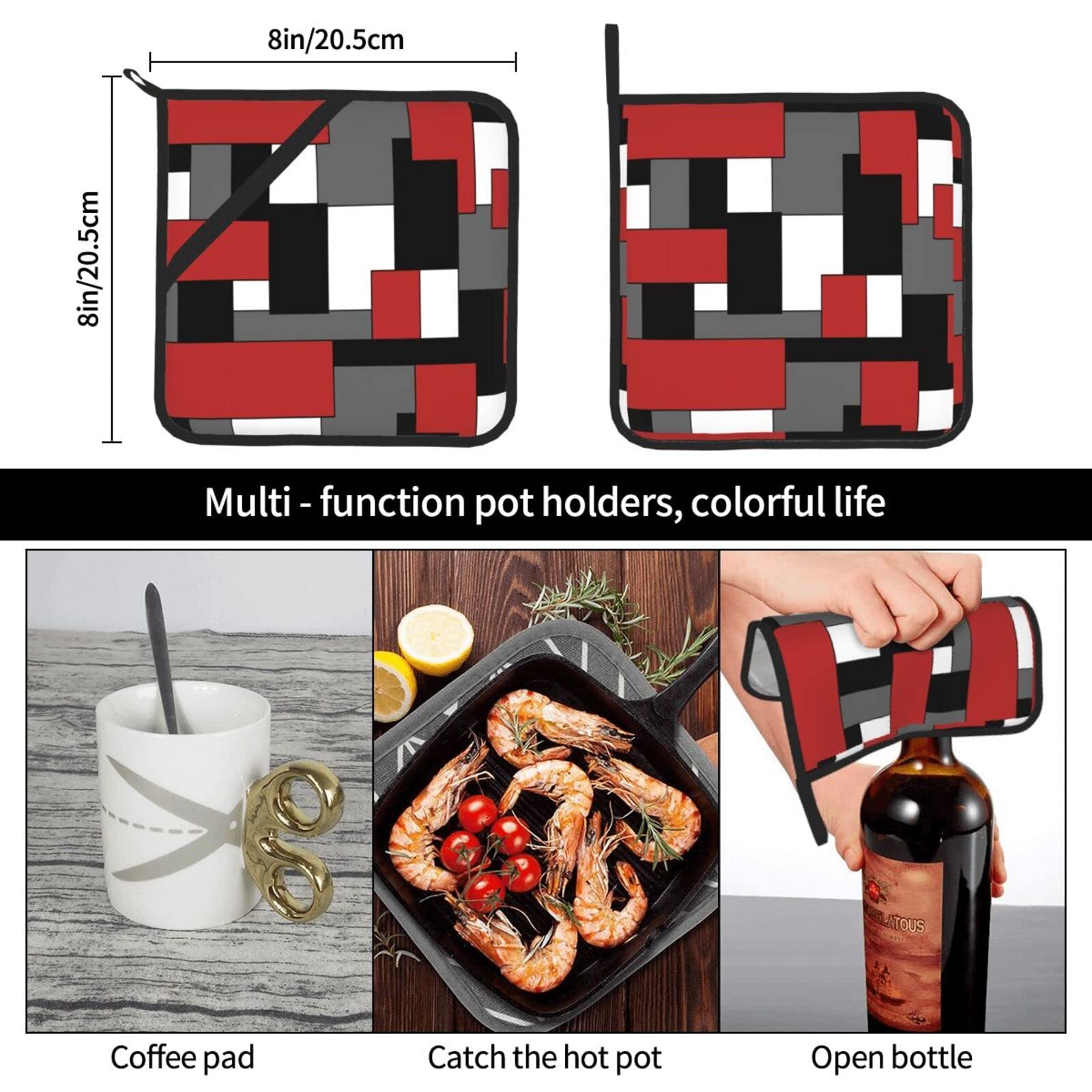 Pot Holders for Kitchen,Abstract Red Black Check PatternHeat Resistant Potholder Non-Slip Heat Pad 2 PCS,Oven Mitts Potholders for Daily Kitchen Baking,Cooking,Restaurant 8 Inch