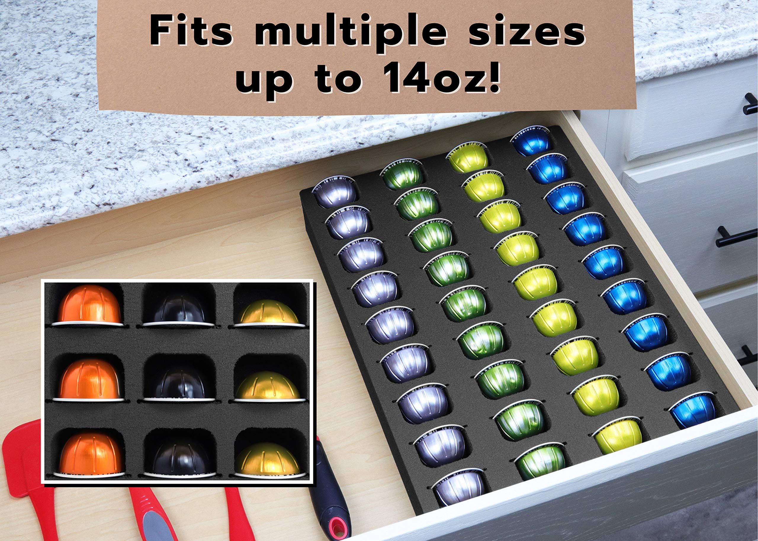 Polar Whale 2 Coffee Espresso Capsule Drawer Organizer Tray Inserts Compatible with Nespresso Vertuo VertuoLine Kitchen Home Office Waterproof Washable Black Foam 36 Compartment 12.6 X 17.9 Inches