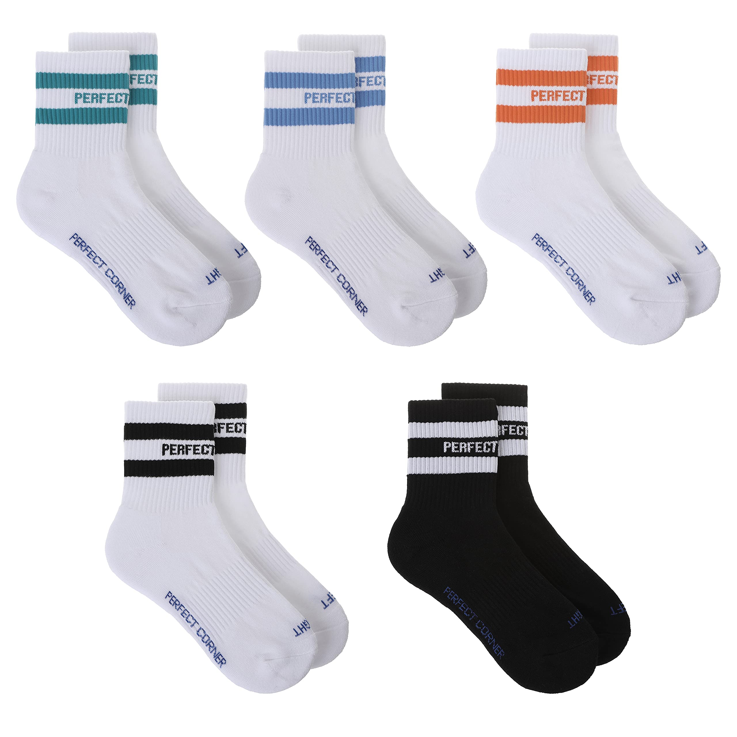 PERFECT CORNER Cotton Cushion Arch Support Training Gym Athletic Quarter Socks for Men and Women 5-Pair (3-Stripe Asst, Large)