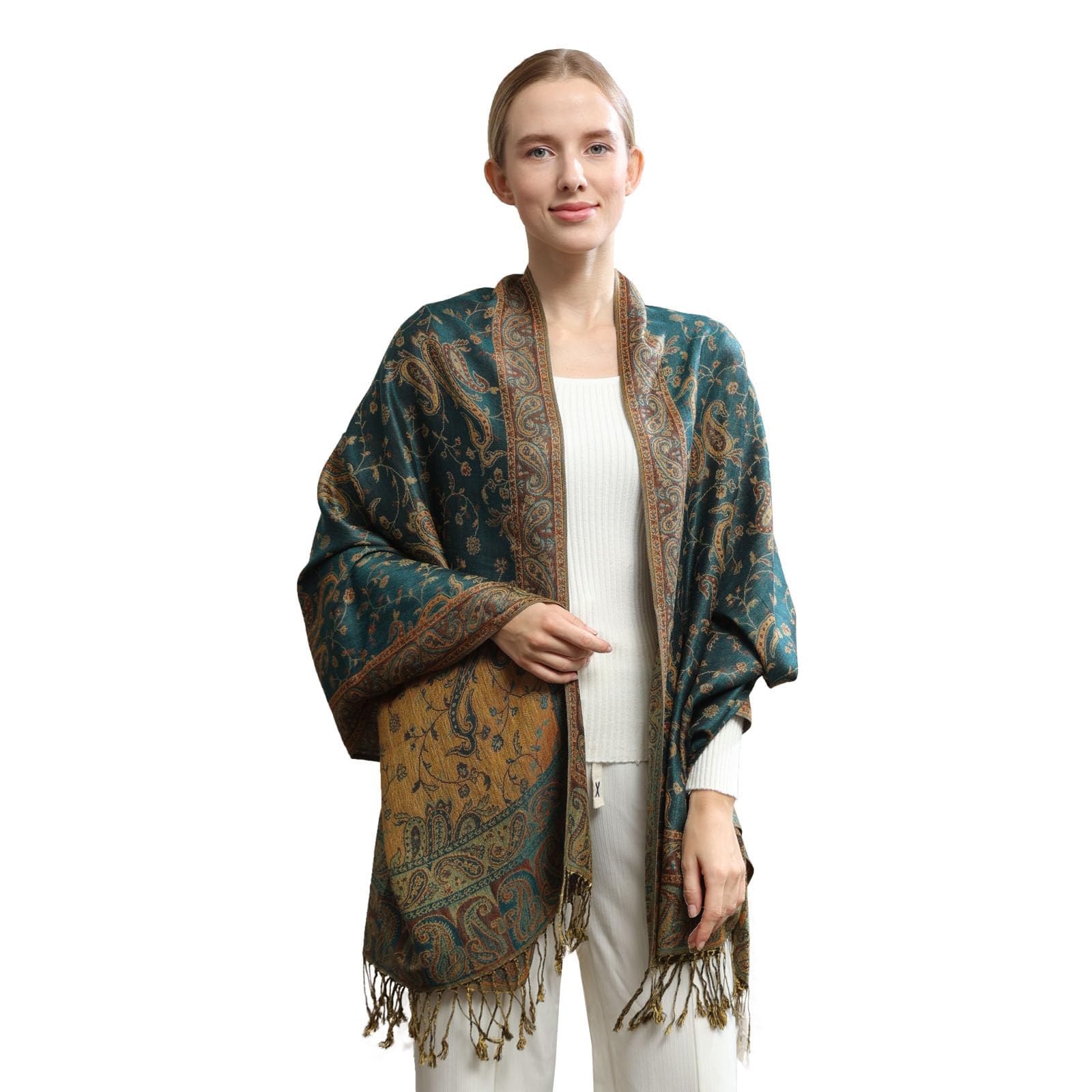 TULAOMAO Two Tone Pashmina Shawls and Wraps with Frings, Women Soft Silky Paisley Scarfs Shawls for Wedding, Pashmina Rave