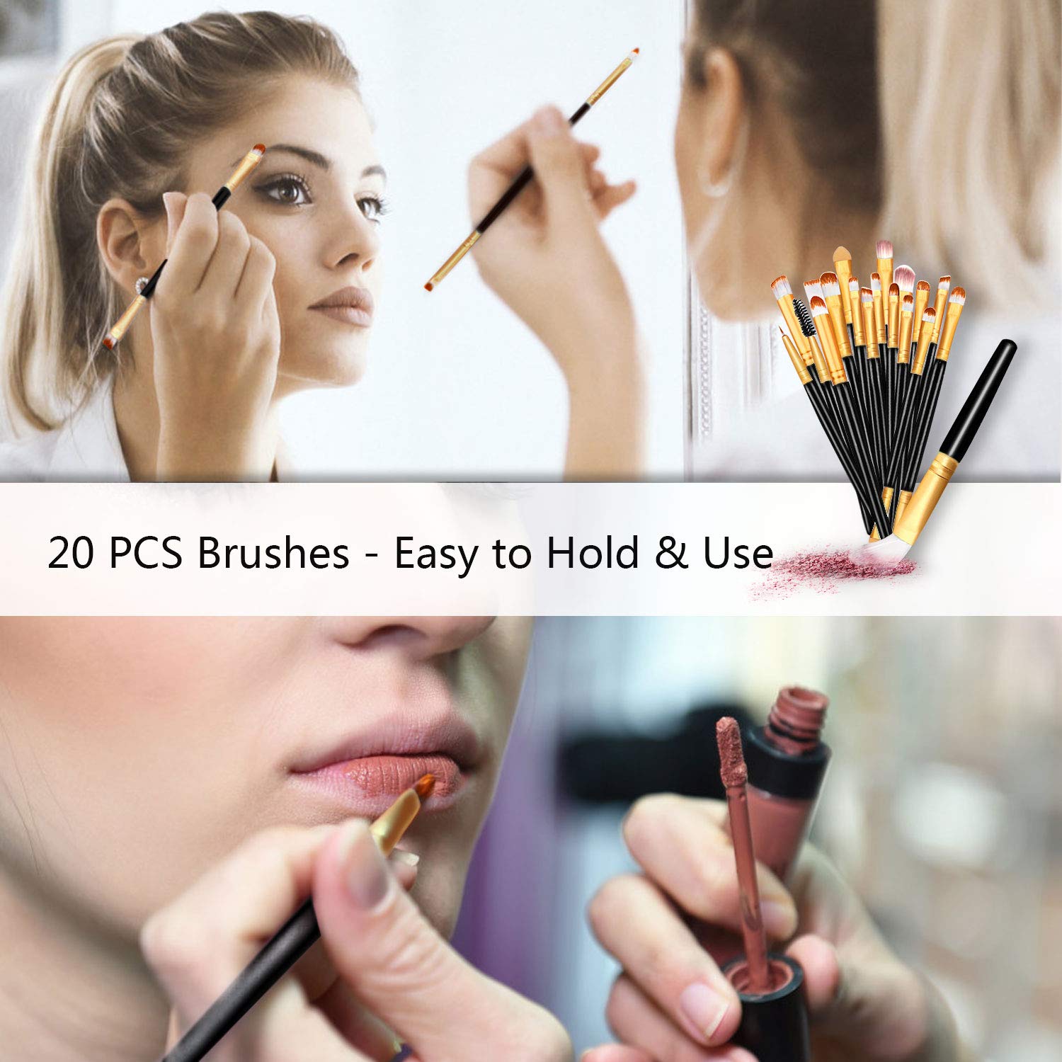 NICEMOVIC 20 Pcs Makeup Brush Set, Powder Foundation Eyeshadow Eyeliner Lip Cosmetic Brushes Make-up Toiletry Kit (Black & Gold) Ideal for Pro & Daily Use