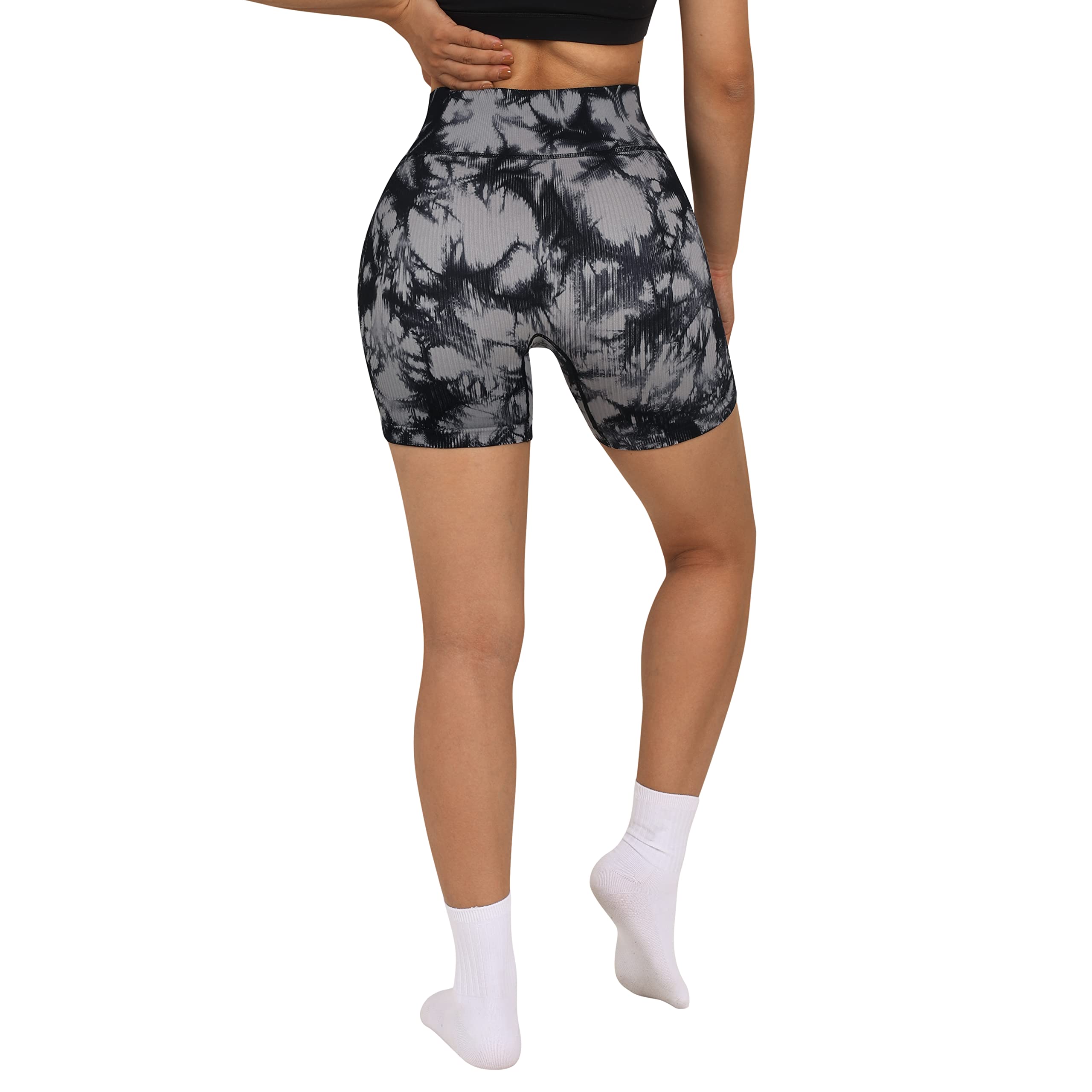 OMKAGI Women Ribbed Seamless Workout Shorts Soft Squat Proof High Waisted Biker Shorts(S,SL717-Black Grey Tie Dye-3inch)