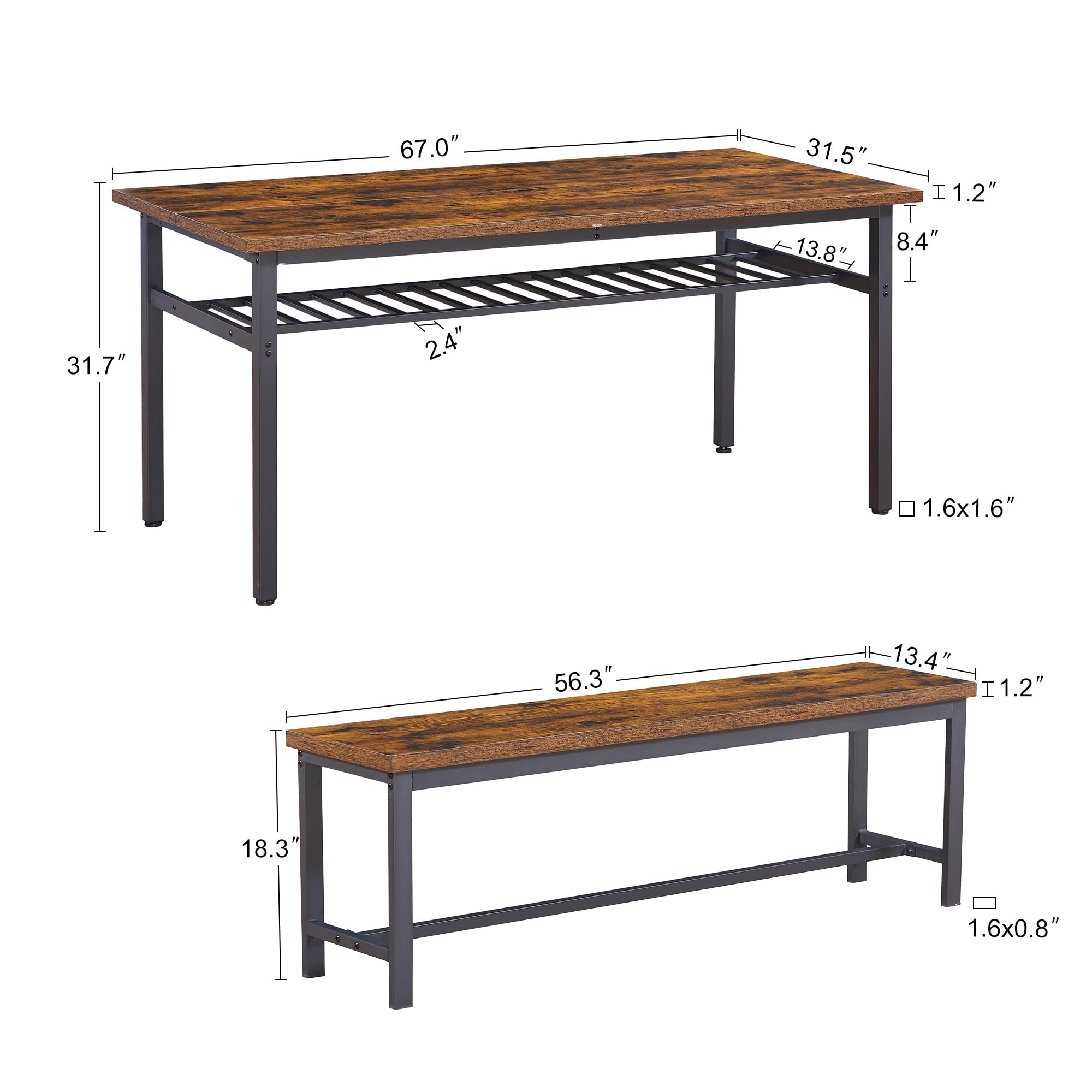 LIADTOP 3-Piece 67" Oversized 4-8 People, Set with 2 Benches,Space Saving Dinette with Chairs Metal Frame&MDF Board Dining Room Table for Kitchen,Rustic Brown