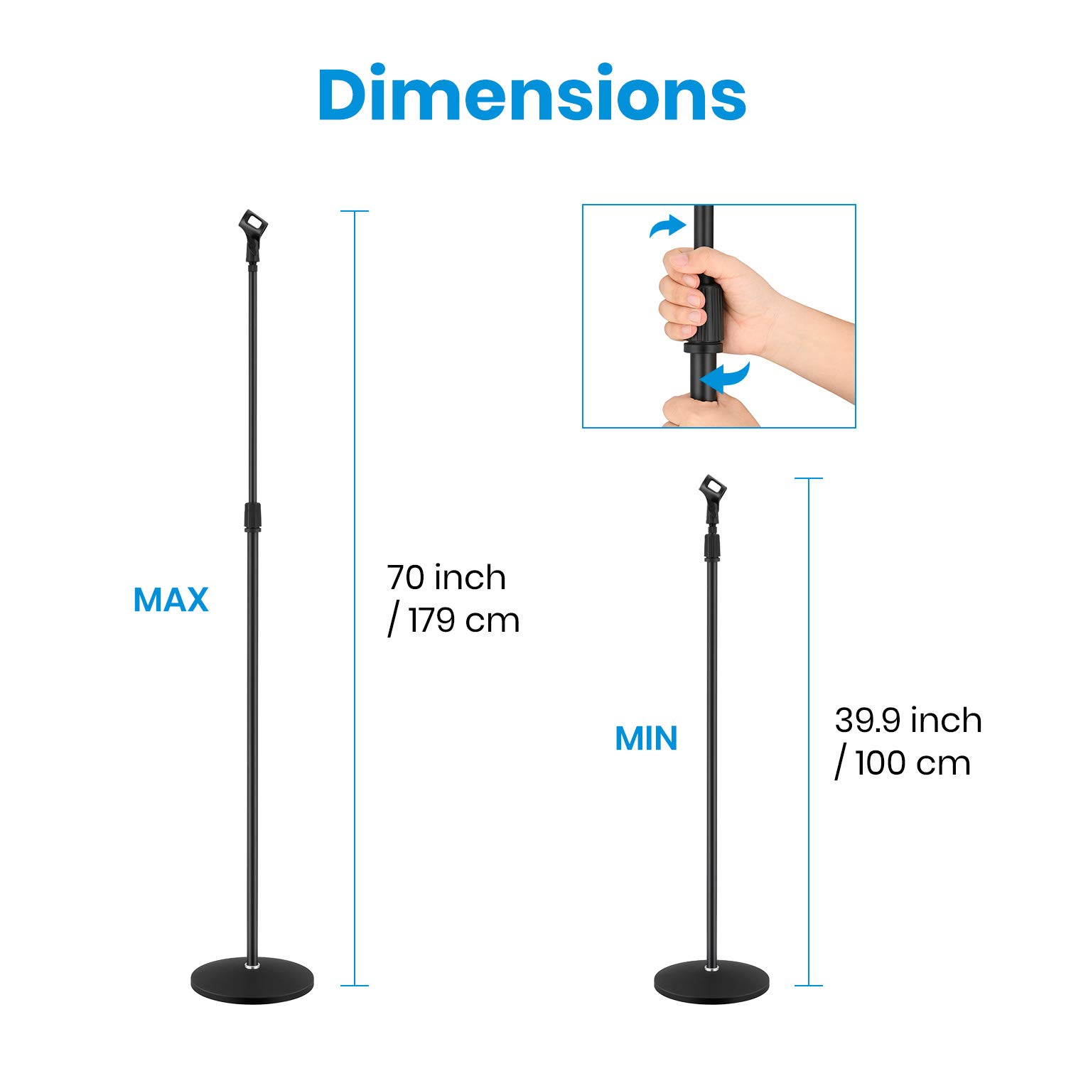 Moukey Microphone Stand, Universal Mic Stand with Heavy Duty Metallic Round Base, Height Adjustable (39.9'' to 70'') Floor Mic Stand with Mic Holder for Singing, Karaoke, Speech, Stage