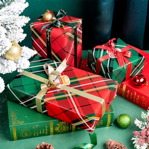LeZakaa Reversible Christmas Wrapping Paper - Jumbo Roll - Green & Red Plaid - 24 inches x 100 Feet (200 sq.ft.)