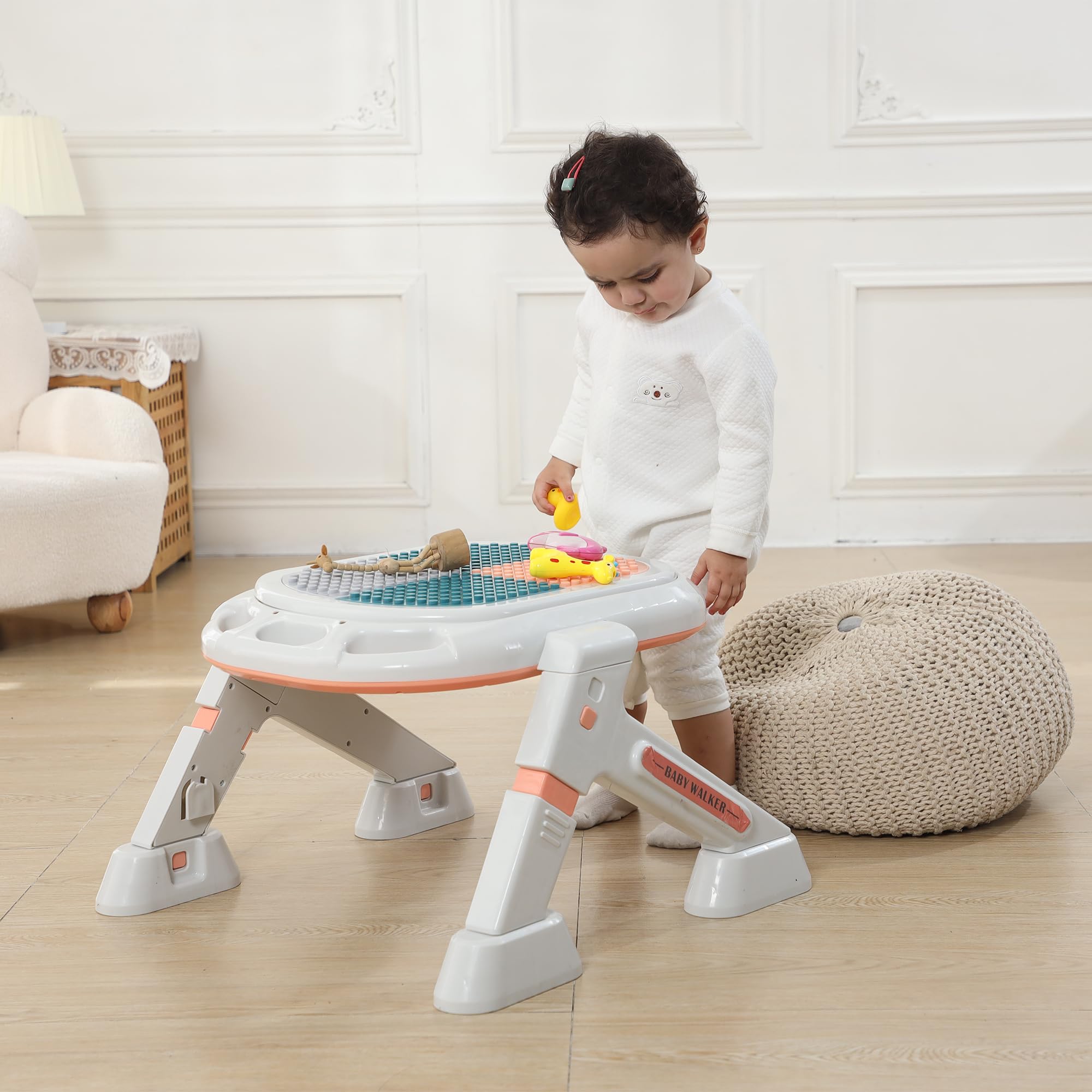 Marzviyia 5-in-1 Baby Walker with Wheels, Baby Push Walkers with Adjustable Height & Speed, Building Block Table, Pink