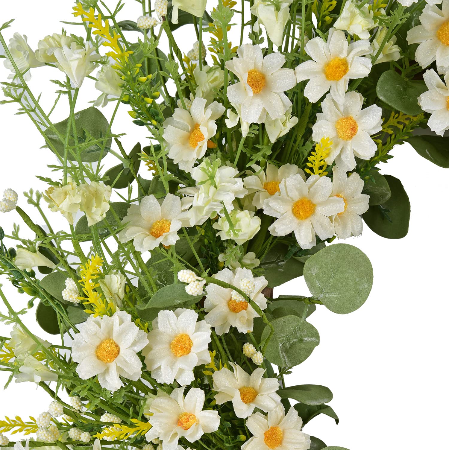 LSKYTOP 24 Inches Artificial Daisy Flower Wreath with Eucalyptus Leave Silk Flower White Berries Spring Summer Wreath for Front Door Wall Decor