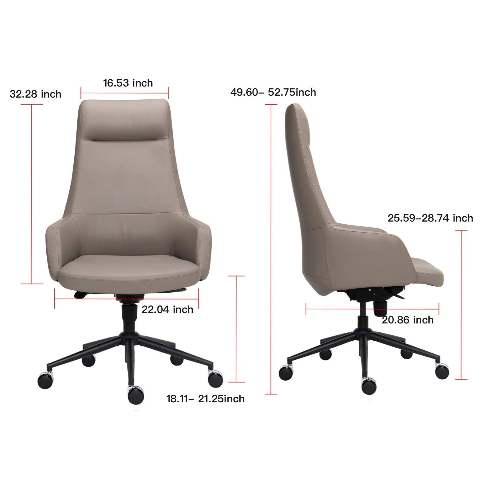 Office Chair Ergonomic Desk Chair Leather Chair Lumbar Support Skate Style Wheels Adjustable Stool Rolling Swivel Chair for Grey