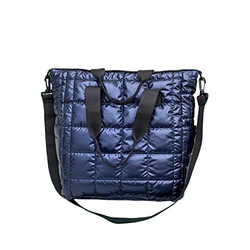 Shoulder Bag for School Women's Bags Solid Color Plaid Quilted Bag Large Capacity Zipper Nylon Shoulder (Blue, One Size)