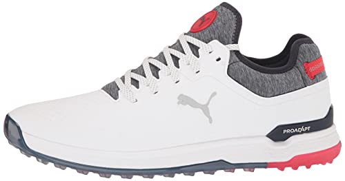 Puma Golf Men's Proadapt Alphacat Golf Shoe, Puma White/Navy Blazer/High Risk Red, 10