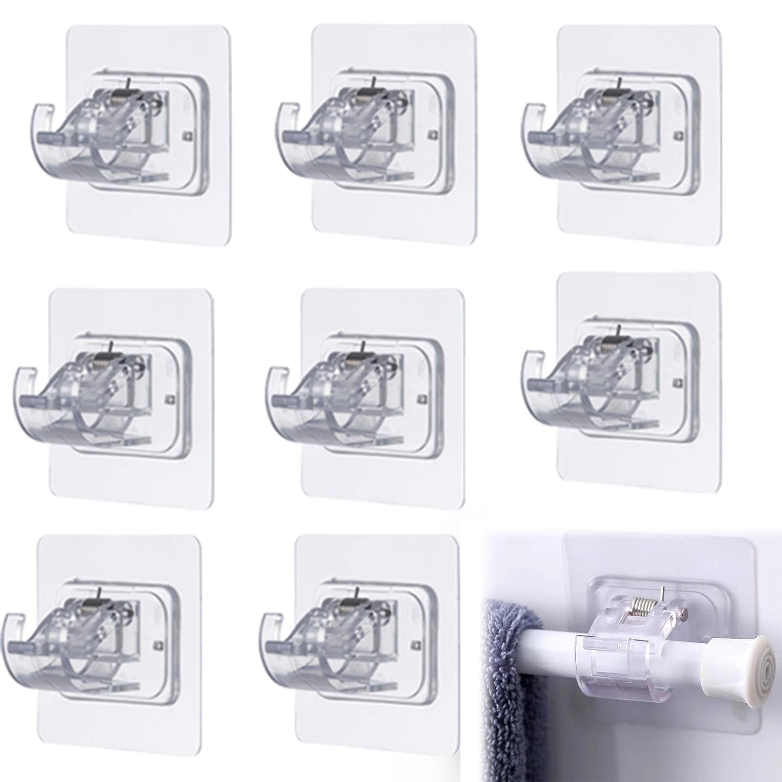 MCJS 8 Pieces Self Adhesive Curtain Rod Bracket, Transparent Curtain Rod Hooks Drapery Holders, No Drill Fixing Rod Holder, Curtain Pole Wall Brackets Towel Rod for Bathroom Kitchen Home Hotel Use