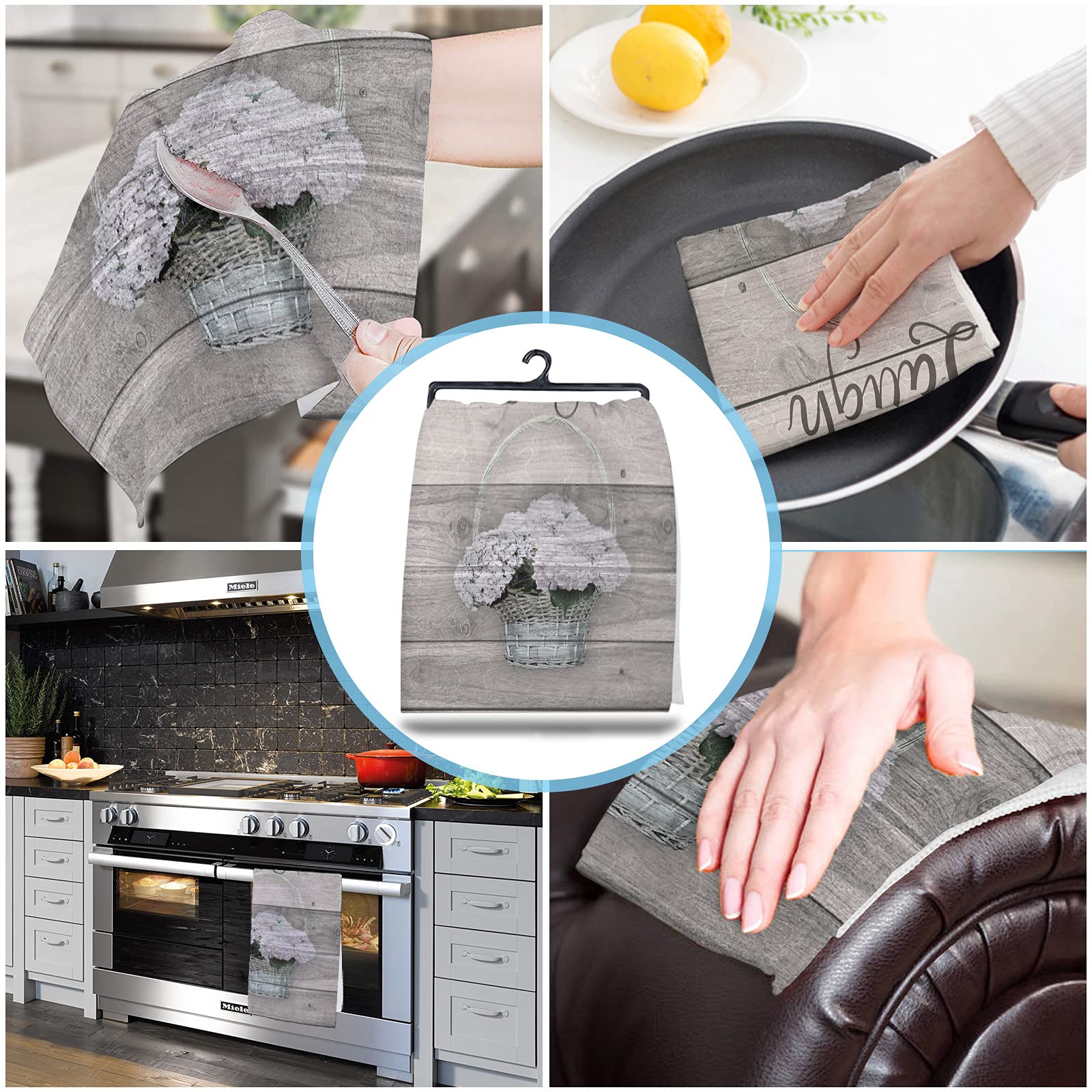 Printed Kitchen Towels Microfiber Premium Dishcloths, Hydrangea Basket Retro Wooden Stripes Grain Super Absorbent Hand Towel Washable Fast Drying, 1 Pack 18 x 28 Inches, Live - Love - Laugh