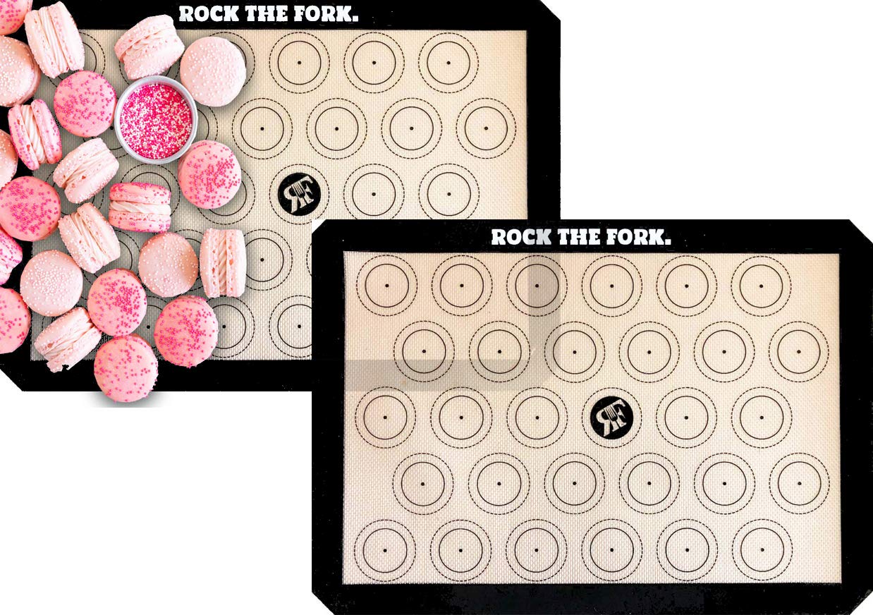 Rock the Fork Macaron Mats (Premium 2-pack) NonStick Silicone Macaron Sheets. Macaron Silicone Baking Mats are designed for style & function by Chefs for Chefs. 11 5/8 x 16 1/2 Inch