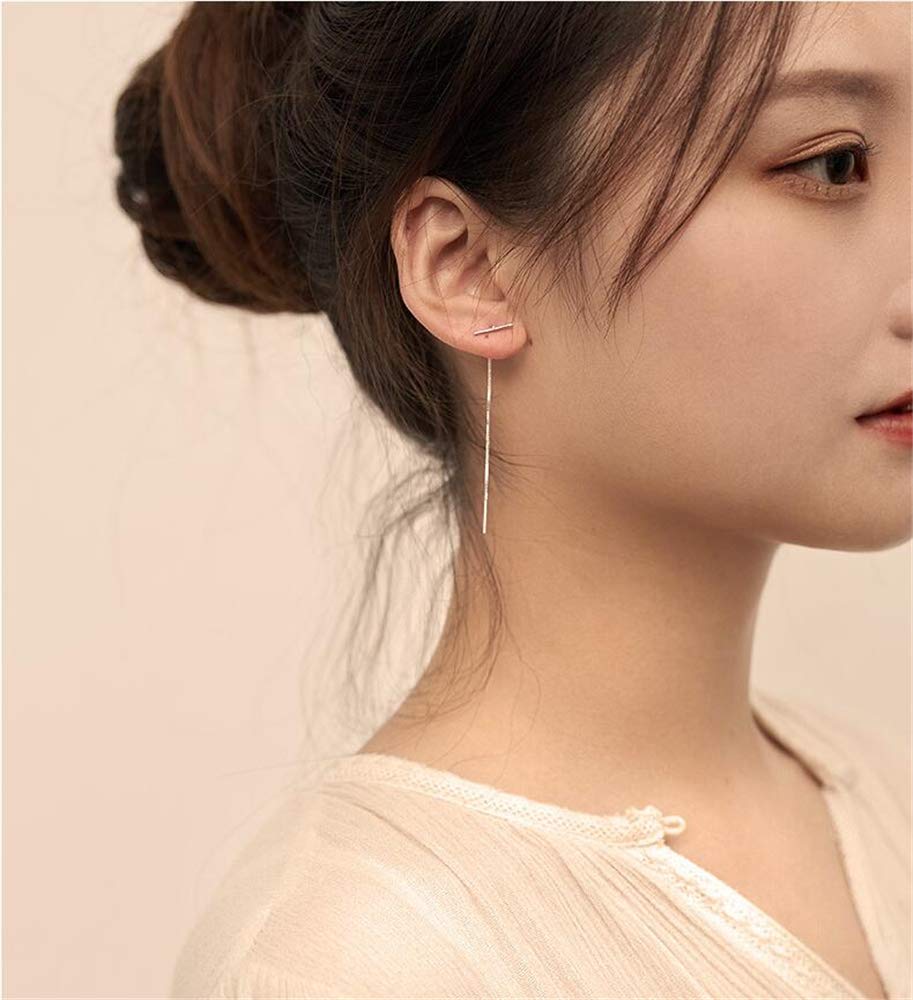 Minimalist Threader Bar Earrings for Women Girls S925 Sterling Silver Charm Long Tassel Chain Drop Dangling Simple Wire Thread Piercing Ear Stud Hypoallergenic Fashion Chic Earring (Silver)