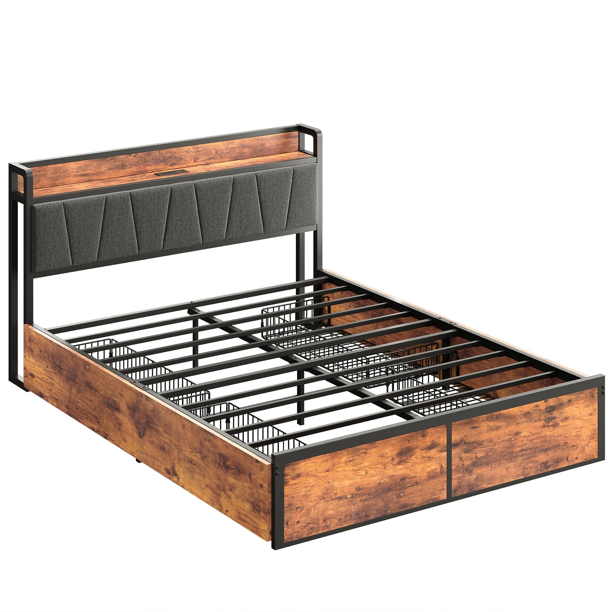 LIKIMIO Queen Bed Frame with 4 Storage Drawers, Platform Bed with Charged Headboard, Sturdy and Stable, No Noise, No Box Spring Needed, Easy to Install, Vintage Brown and Gray