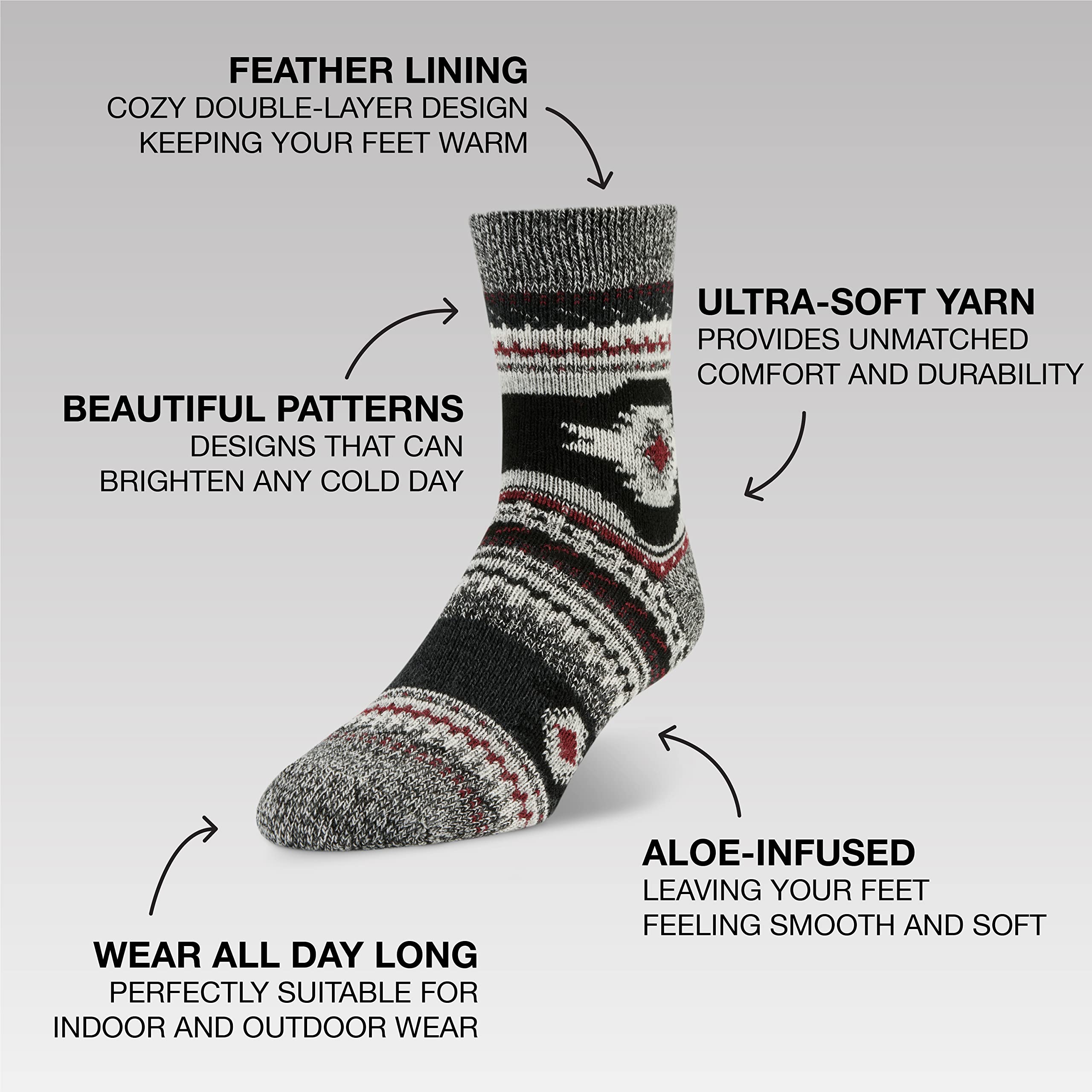 Sof Sole Fireside Double-Layer Cozy Ultra-Warm Soft Giftable Multi-Pack Crew Socks, Grey/Blue/White/Black, Large